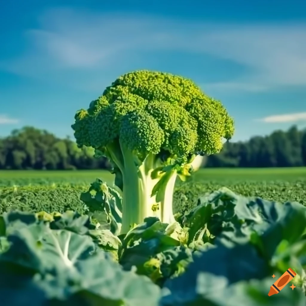 A lush field of green broccoli plants under a sunny sky on Craiyon