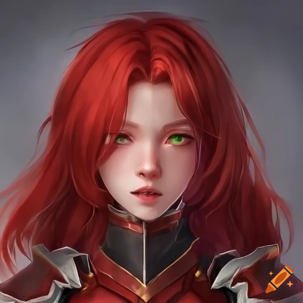 Red hair, girl, red armor, realistic, anime style, HD on Craiyon