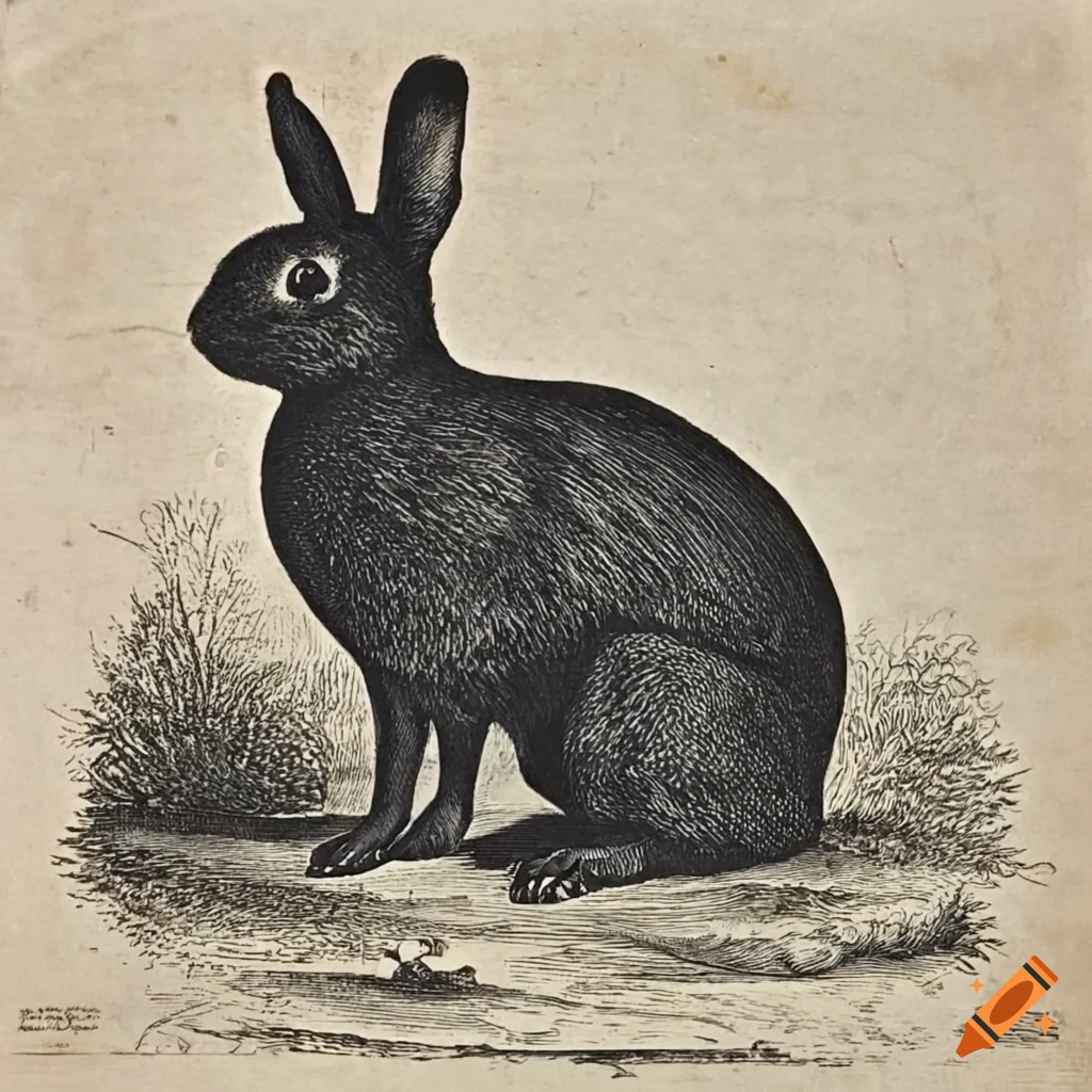 1800s etching of a black dutch rabbit sitting on Craiyon
