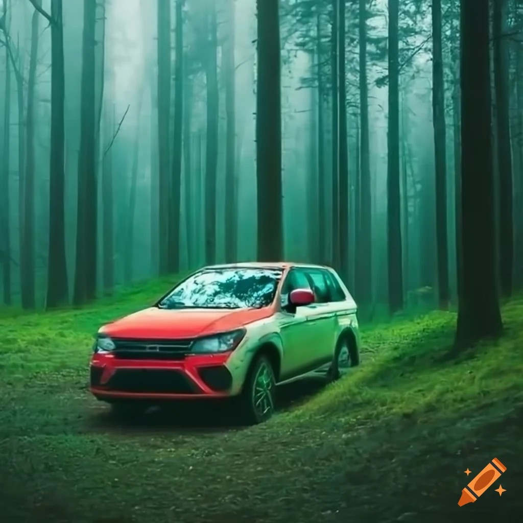 Car in the middle of a greenish forest with fog 8k high quality on Craiyon
