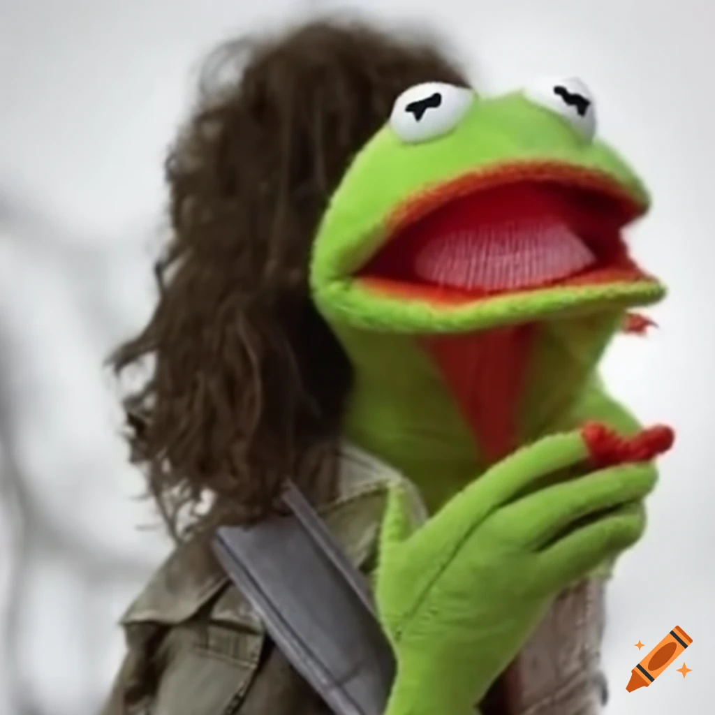 Kermit the frog as a zombie in the walking dead