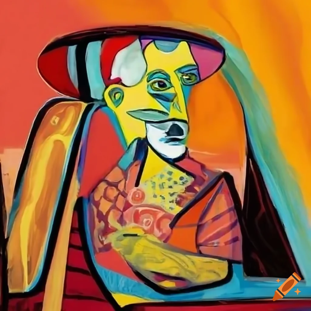 Picasso painting driver in a car wearing a vibrant orange shirt