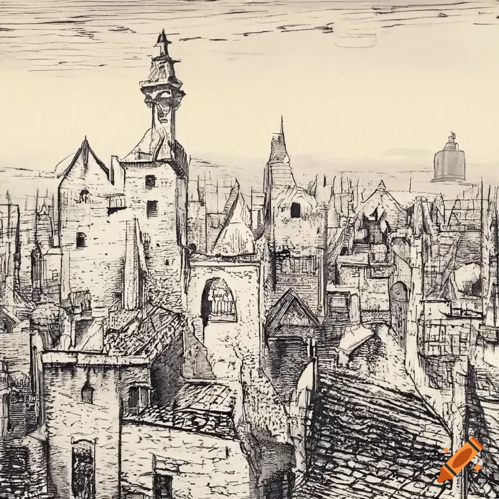 Rooftops of a city with a massive fortress at a distance, fantasy ...