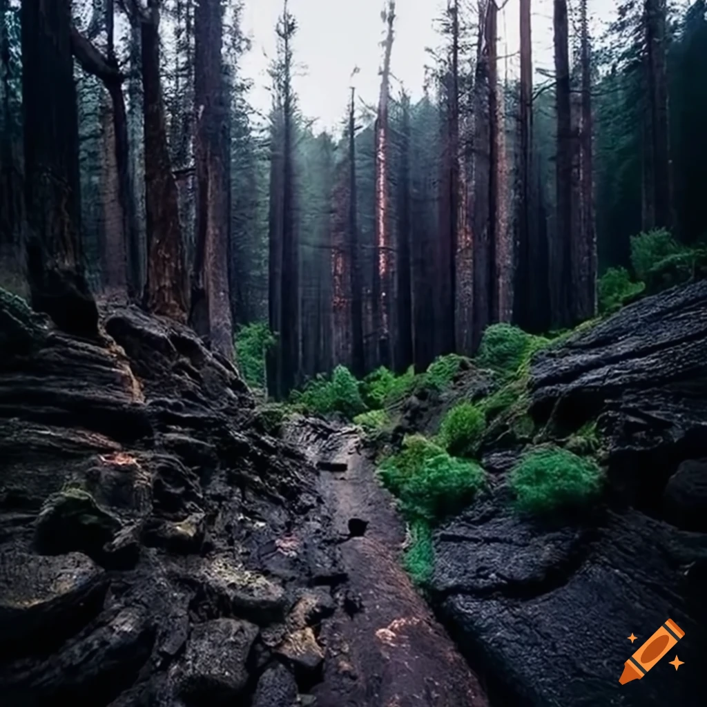 Real life, liminal space, Charred burnt forest with massive granite ...