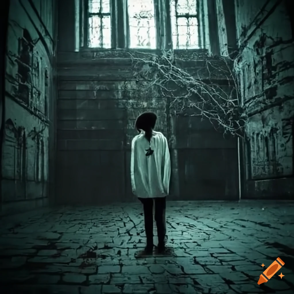 Young man with medium-length dark hair in a haunted asylum surrounded by occult symbols, analog ...