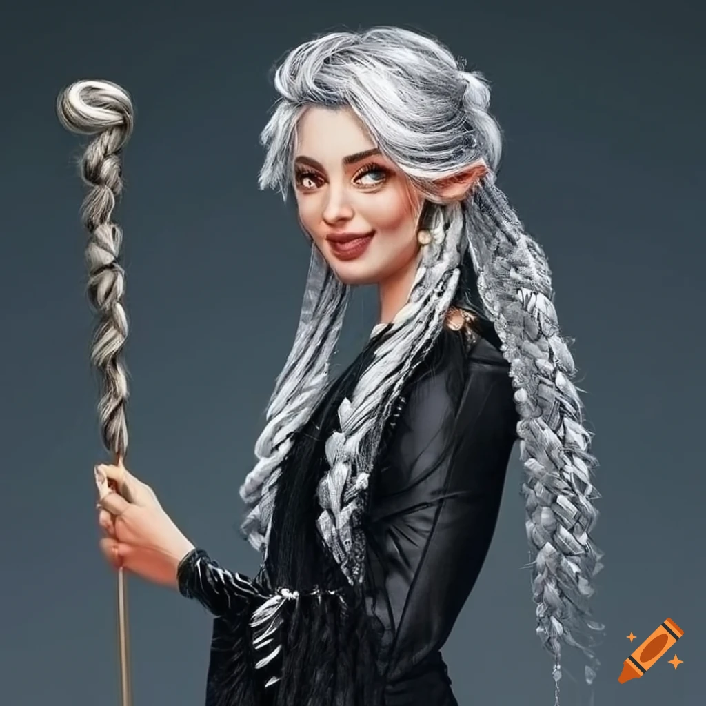 Dainty older woman with silver braided hair, holding a black and grey staff,black dress with ...