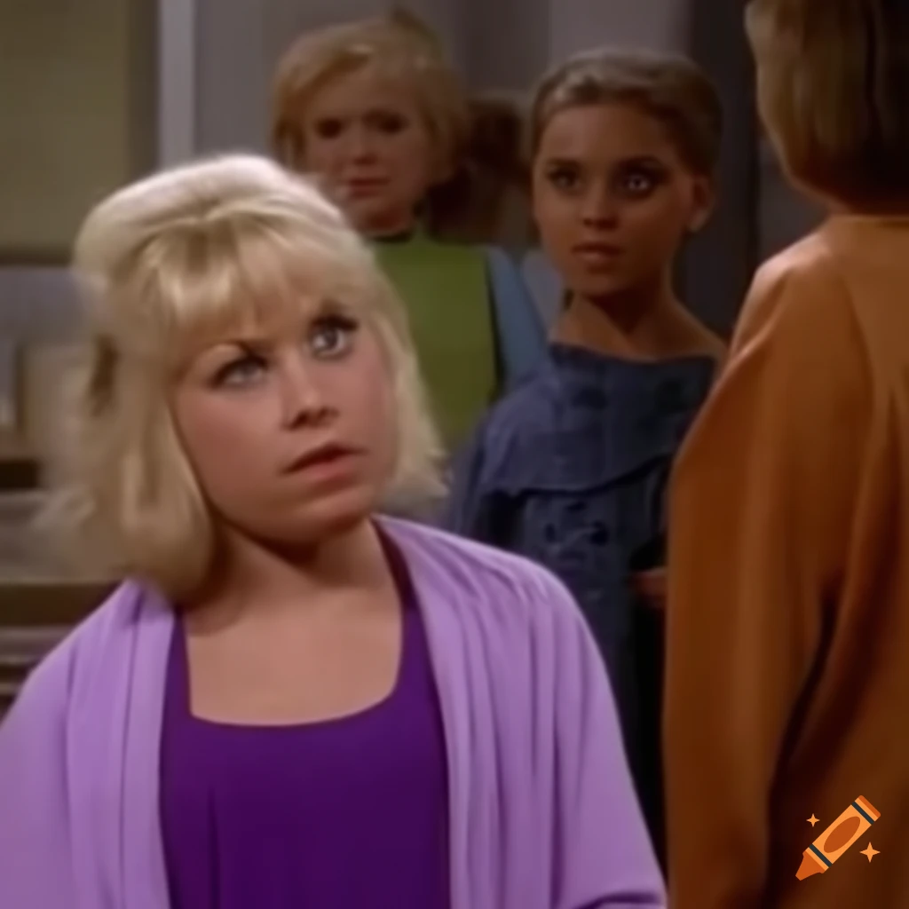 Kyleboy21 Judy Harrison with Blonde Hair and Purple Dress in a retro live-action sitcom on Craiyon