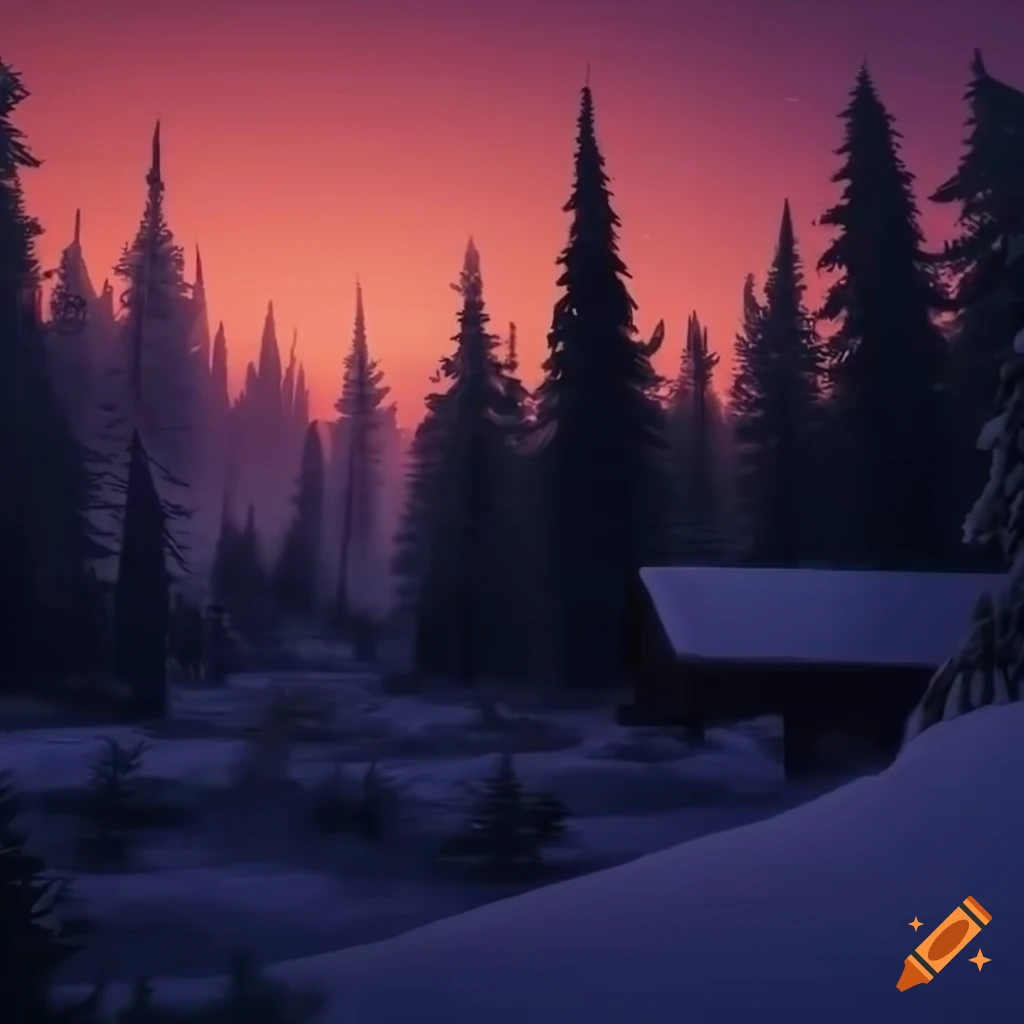 Screenshot of a snowy landscape at sunset in 'The Long Dark' game with ...