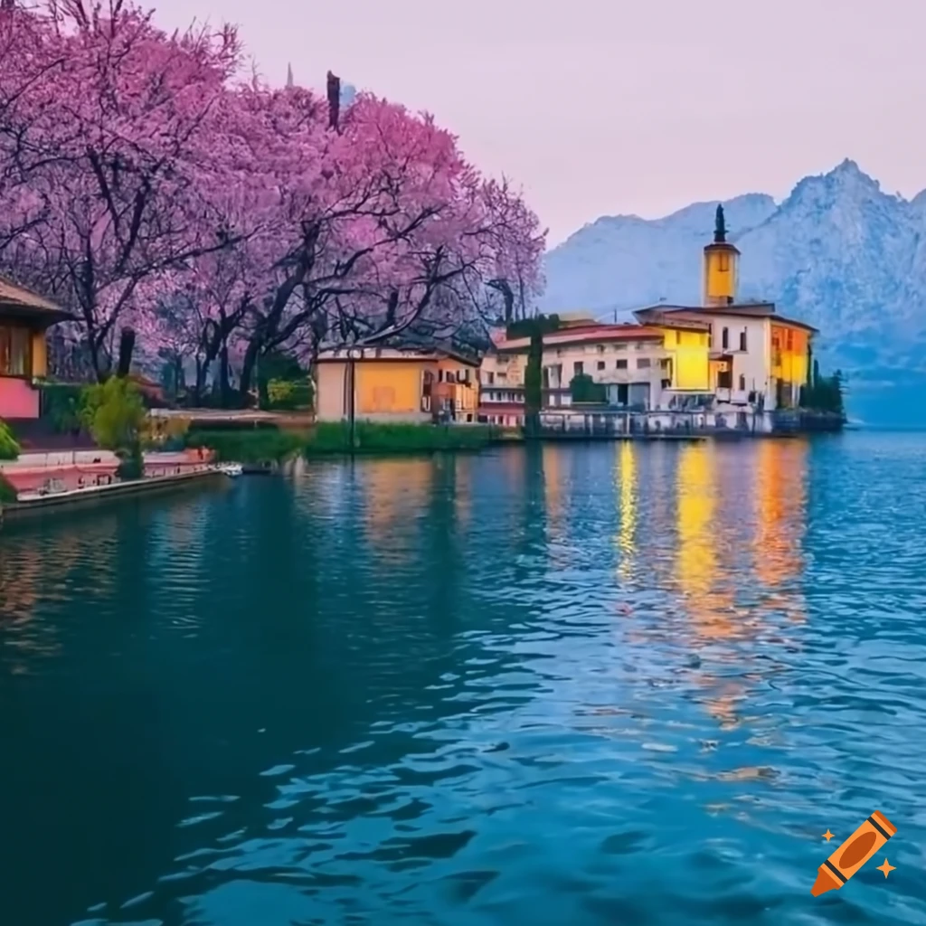 Lake garda in italy in spring at sunrise on Craiyon