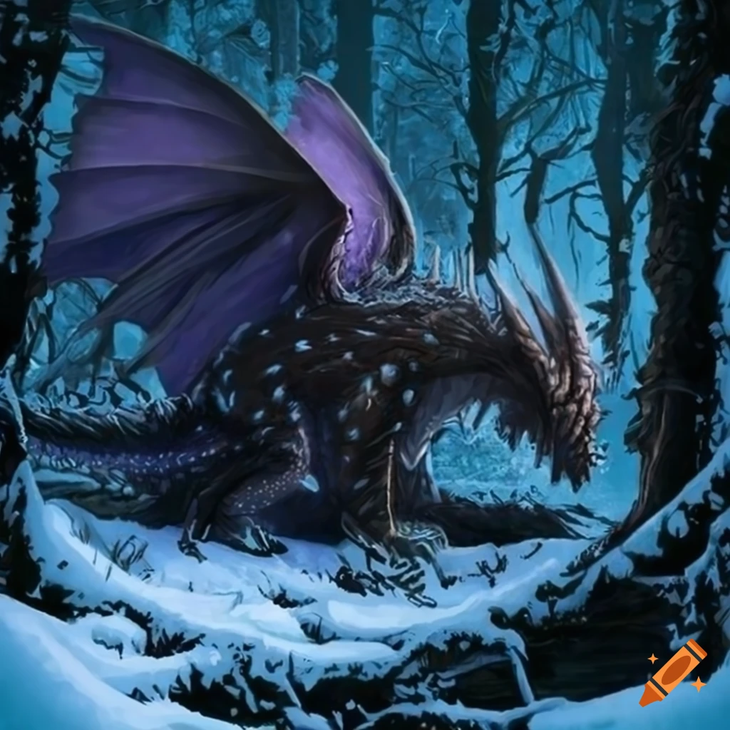 Fantasy, detailed, fur covered dragon in a snowy forest