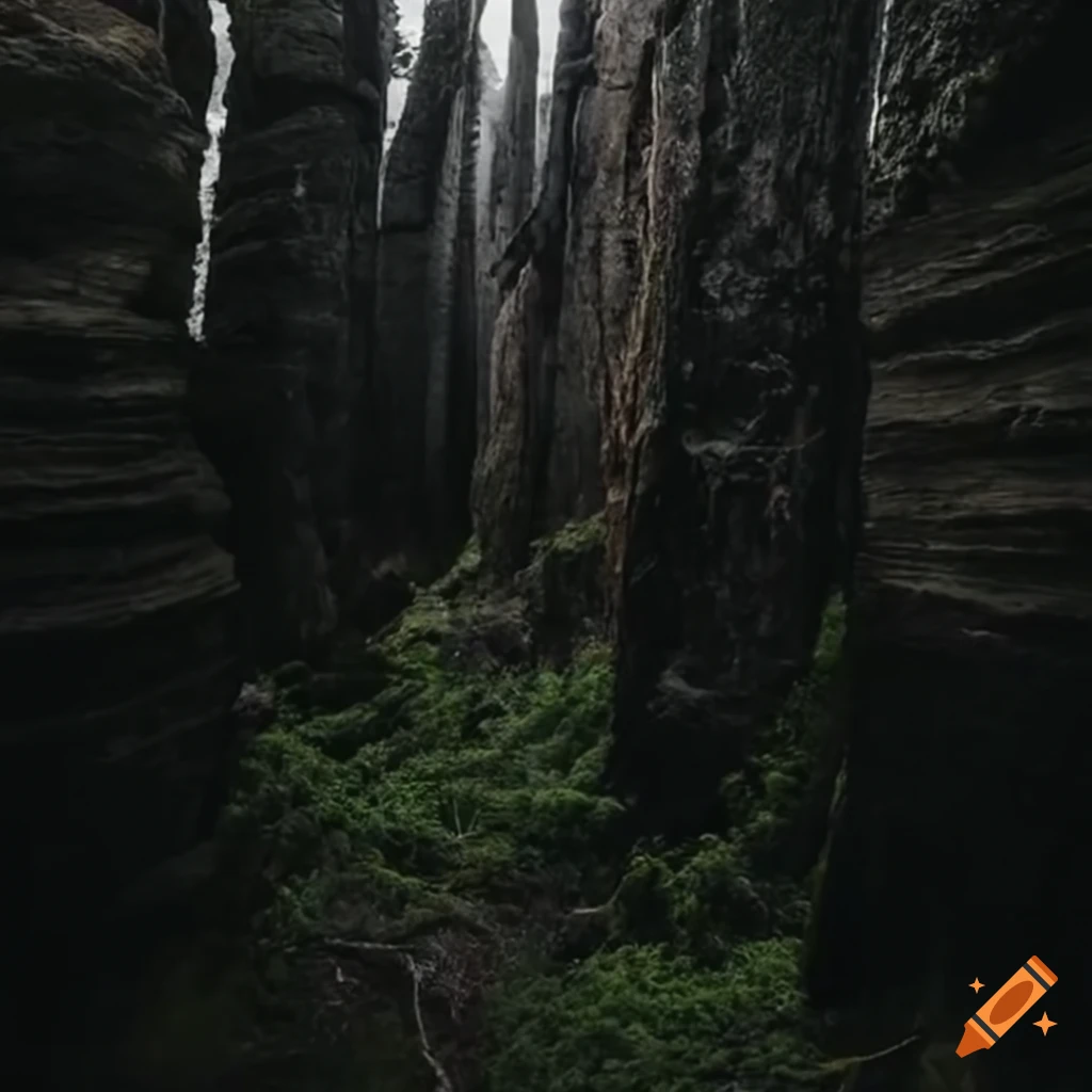 Real life, liminal space, charred burnt forest with massive granite ...