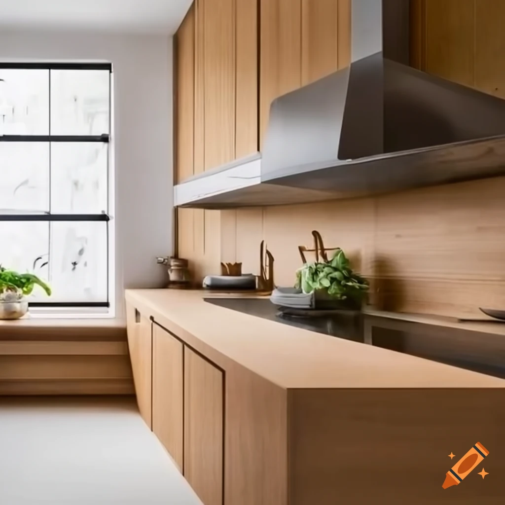 A stylish japandi kitchen with natural elements and minimalistic design