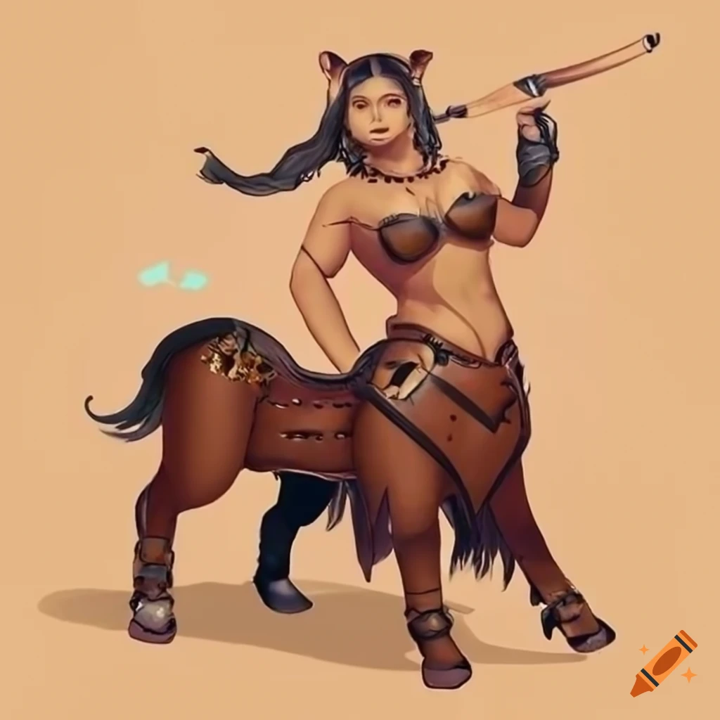A mythical Leopard-Centaur, leather body harness, in a face muzzle, female, cute monster on Craiyon