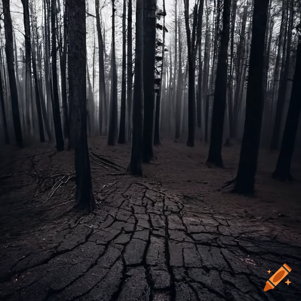 Real life, liminal space, Charred burnt forest space, dim lighting high ...