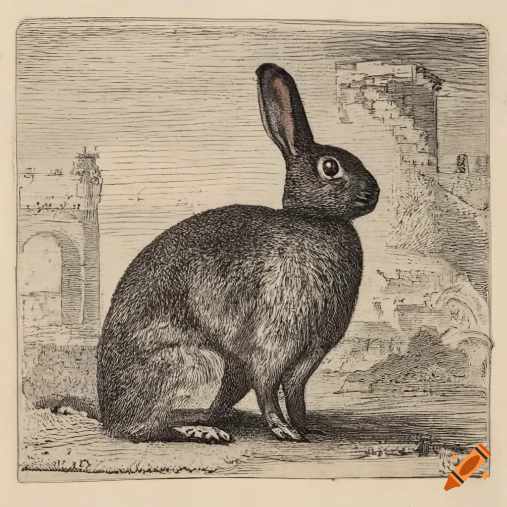 1800s etching portrait of a shiney black rabbit sitting in front of ...