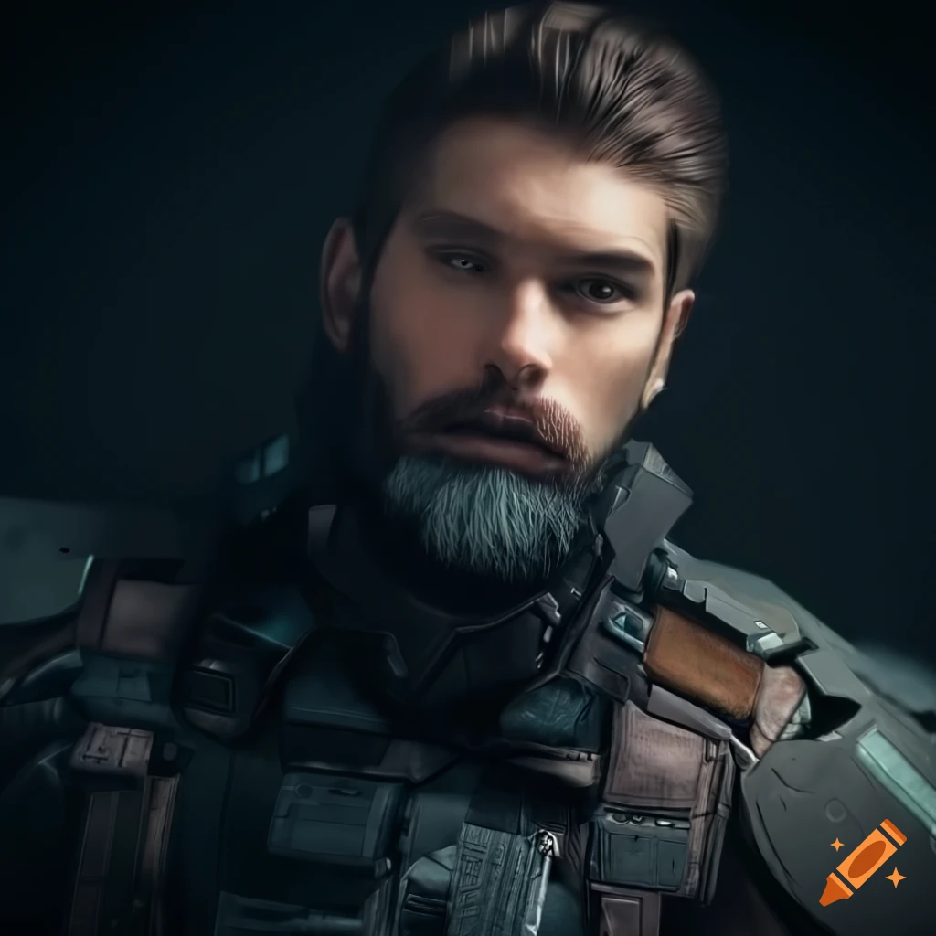 Serious science fiction soldier with beard and dark brown hair, scar on ...