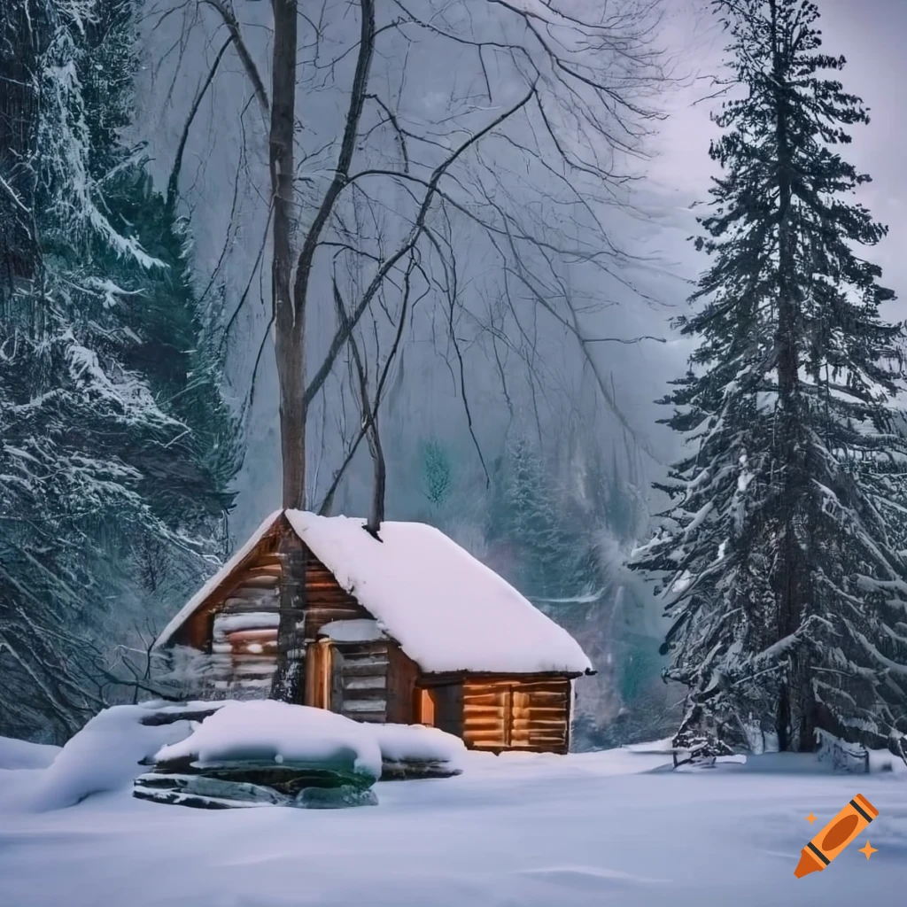 Cabin in winter time with pine trees in the distance and a iced over ...
