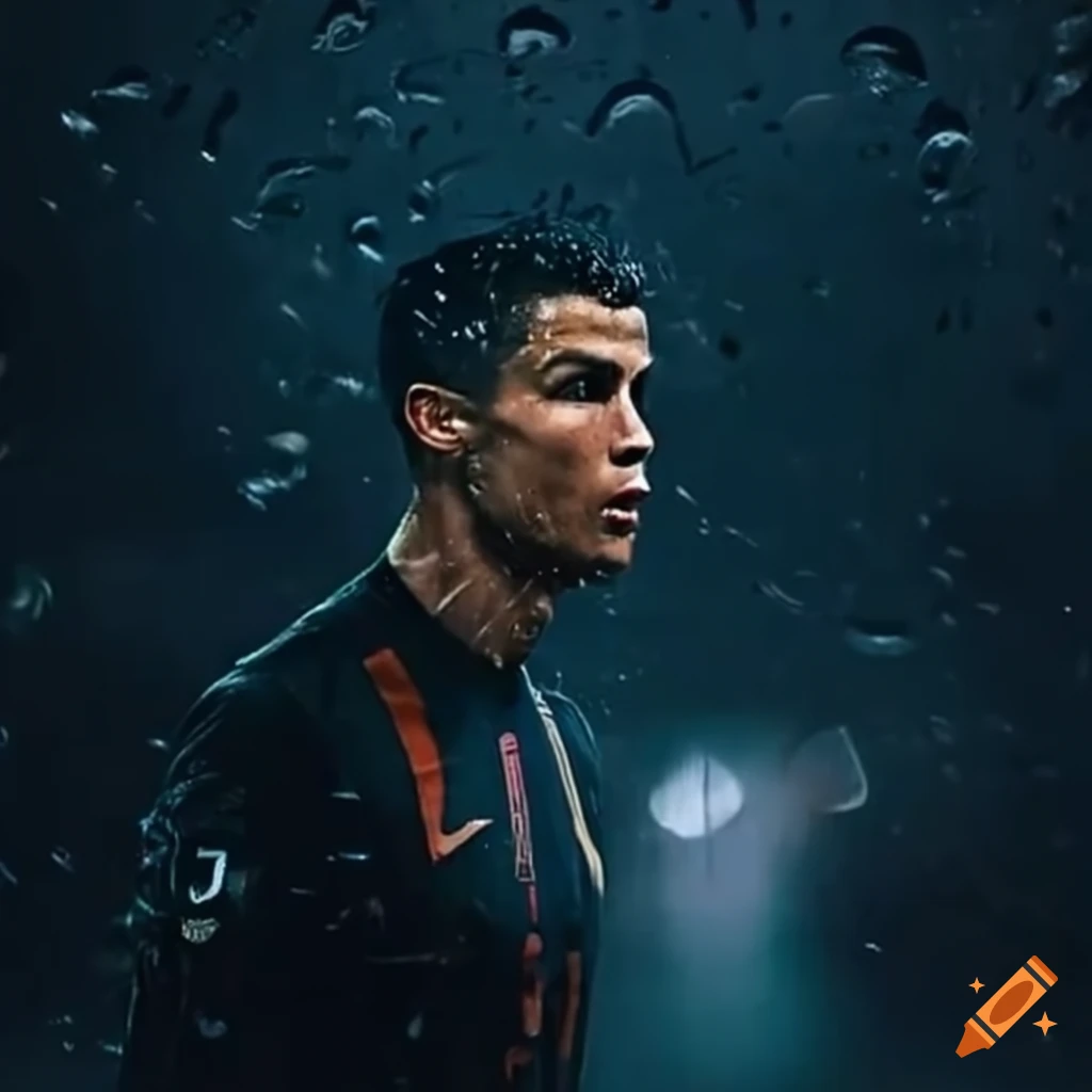 Cristiano ronaldo sad in rain at night on Craiyon