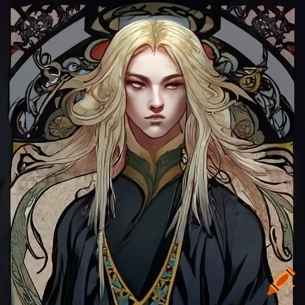 Mysterious anime babylonian prince with long blonde hair, wearing black ...