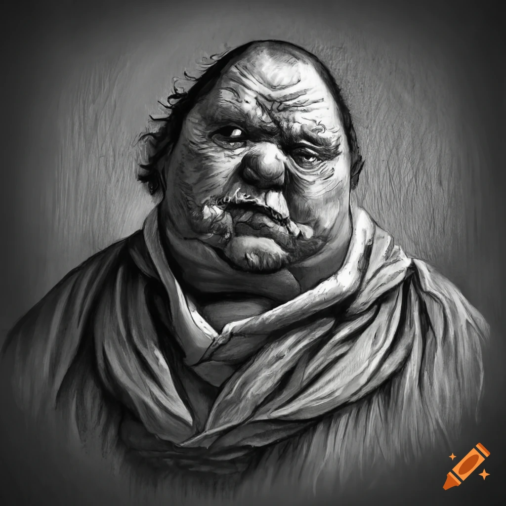 A fat merchant portrait, fantasy, dungeons & dragons, black and white ...