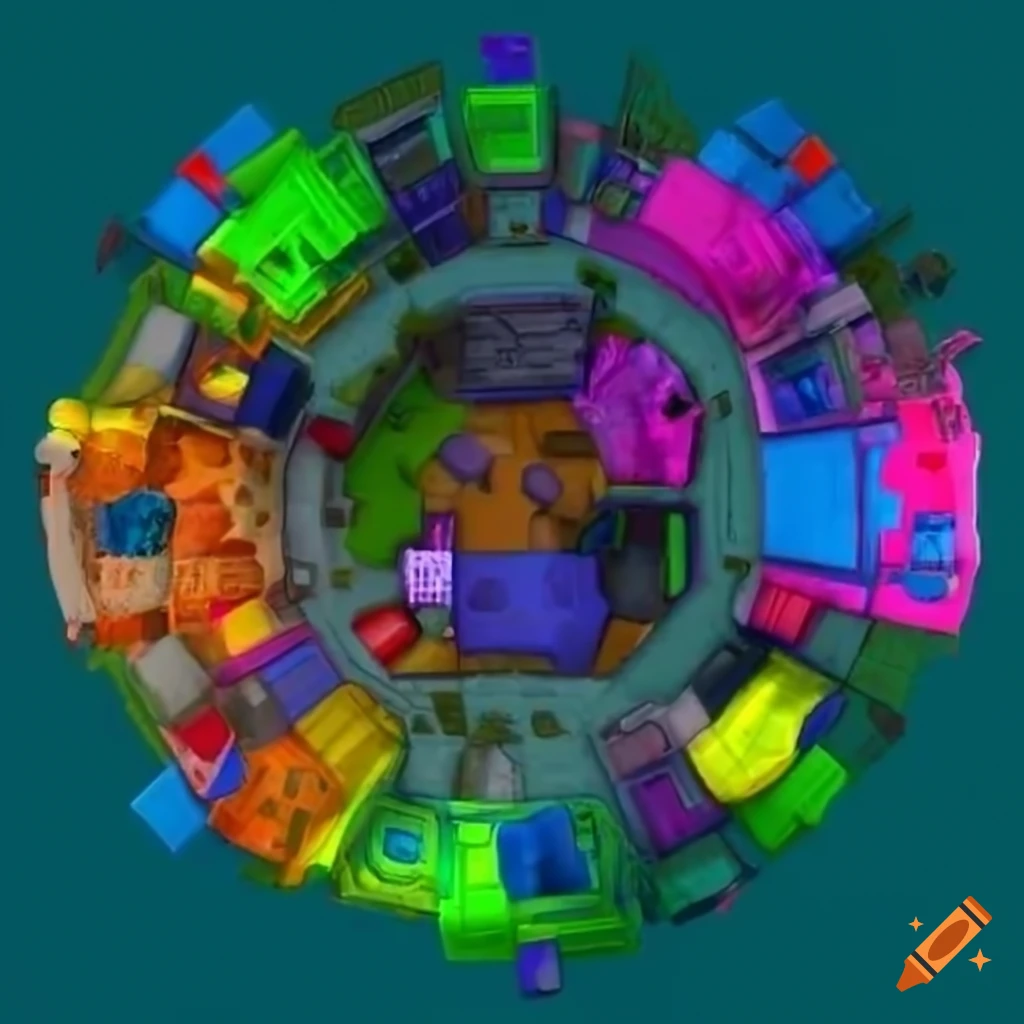Glubo 3d fps colourful paint shooter game map, bird's eye view on Craiyon