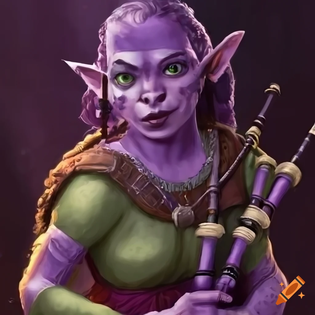 Female, light purple-skinned half-orc bard with bagpipes in 1920s new york, dungeons and dragons ...