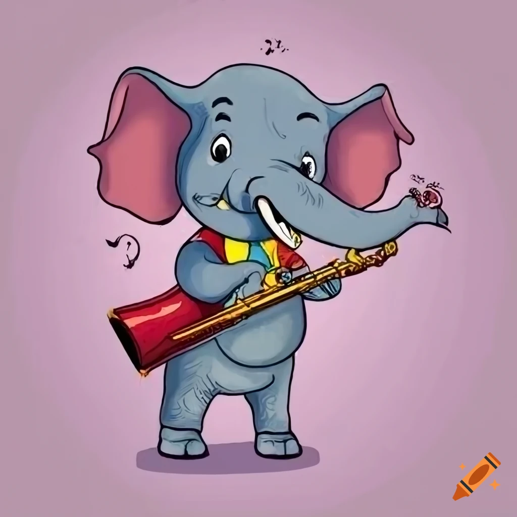 A lively illustration of a band of elephants playing trumpets ...