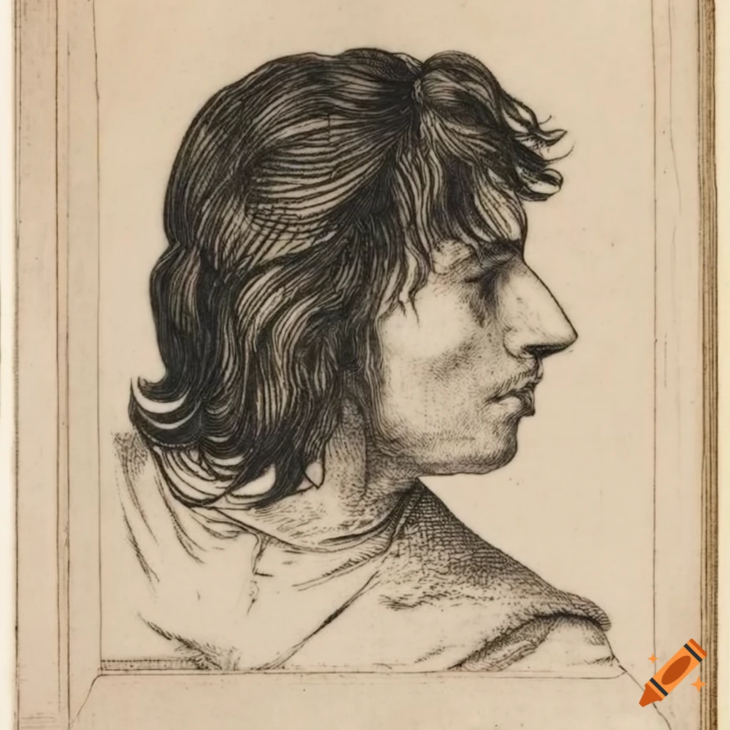 Etching side view of a young man with wavy black hair on Craiyon