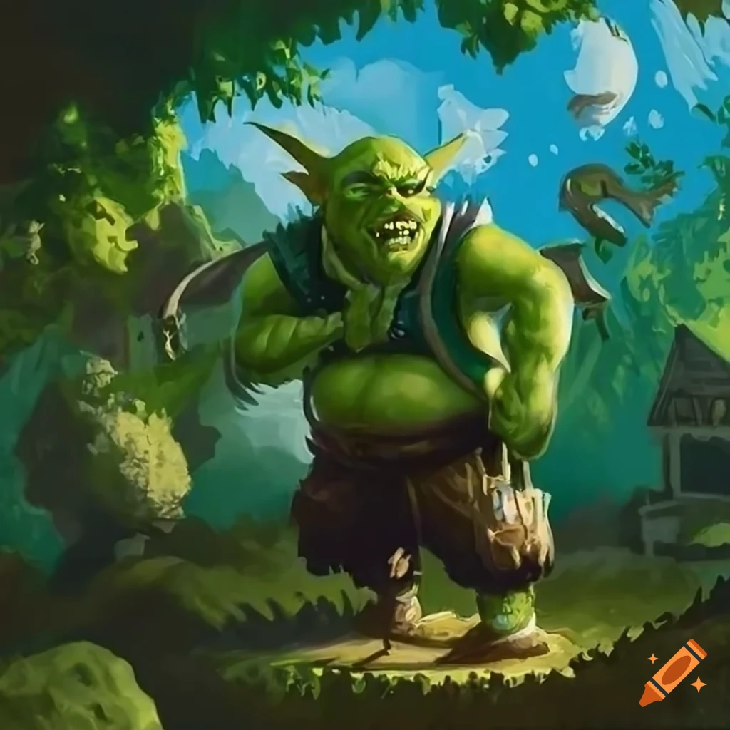 Fat bald green-skinned goblin satyr male with a large belly walking ...