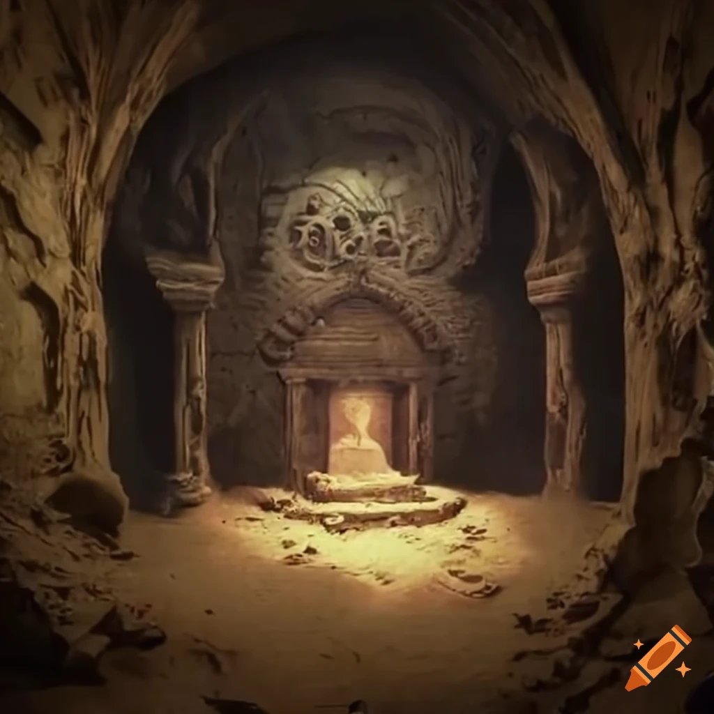 An eldritch horror is lurking behind an antique stone altar in an old ...