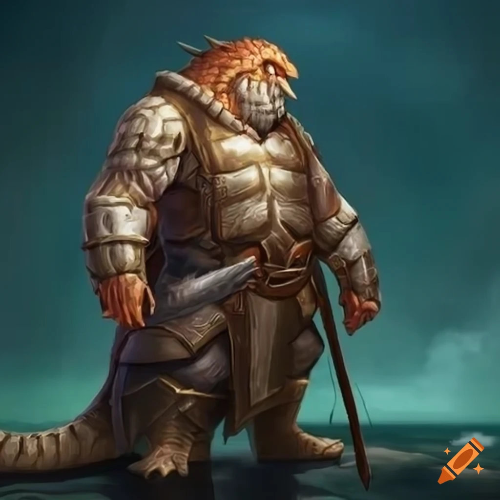 Fantasy dragonborn harbour master, big and bulky