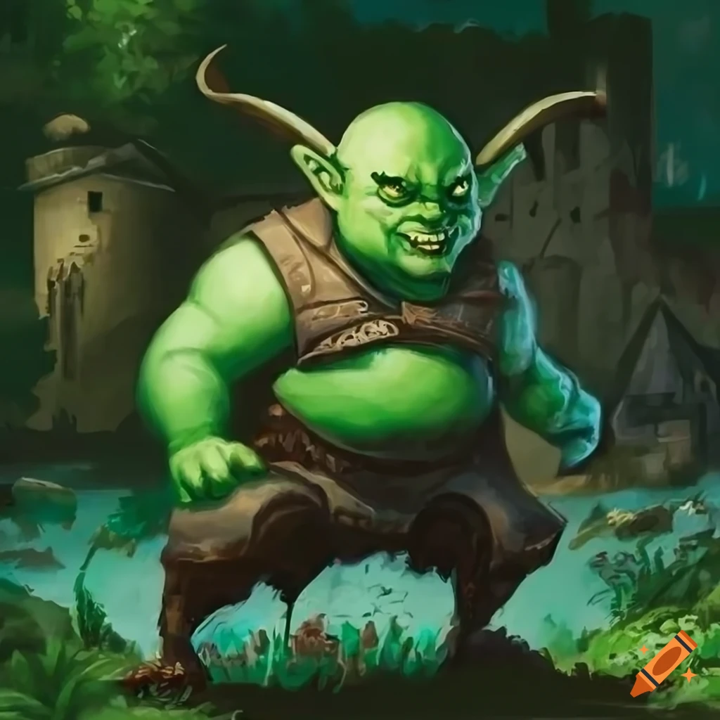 Fat bald green-skinned goblin satyr male with a large belly walking ...