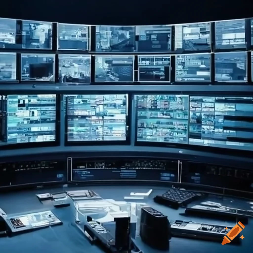 Command center, with 6 monitors showing weather condition, cctv ...