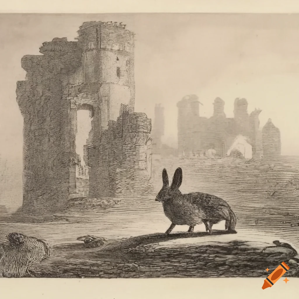 1800s etching portrait of a rabbit in front of castle ruins in fog