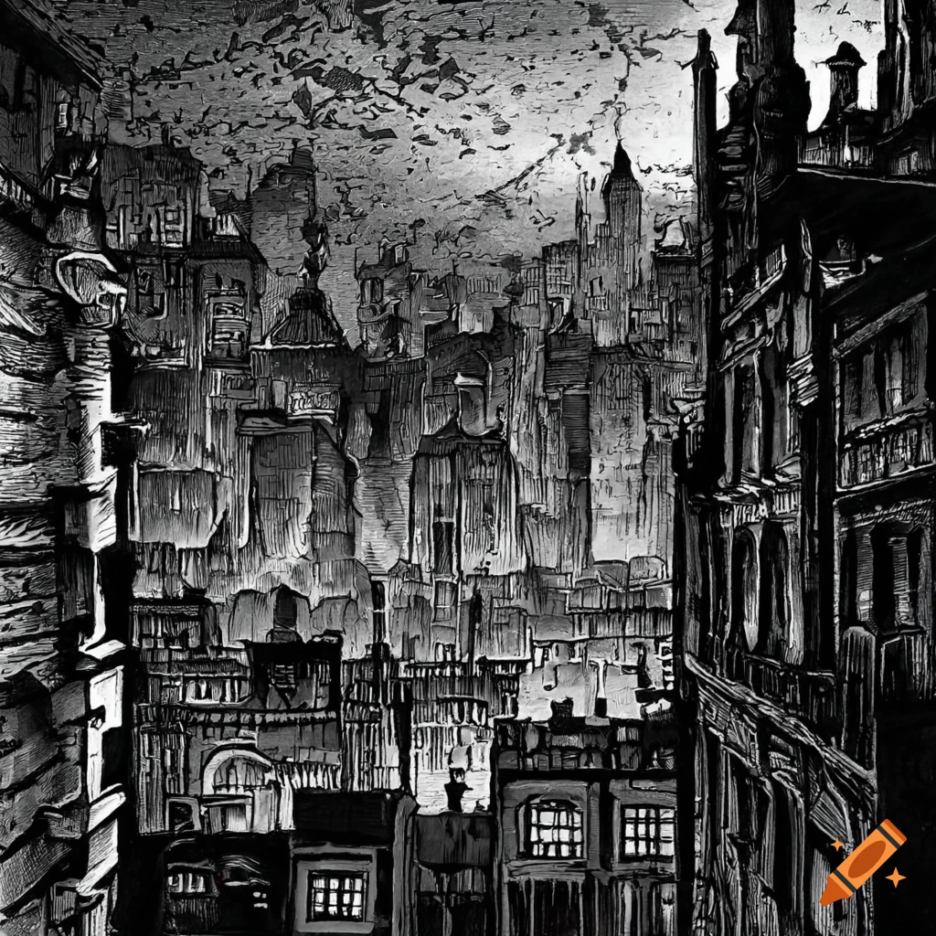 Rooftops of a city with a massive fortress at a distance, fantasy ...