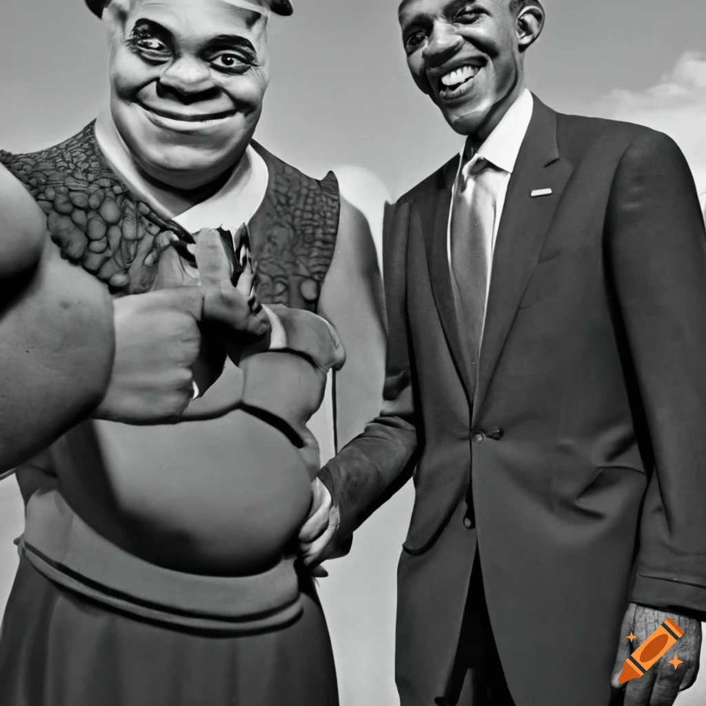 Black and white image of shrek and barack obama looking at the camera ...