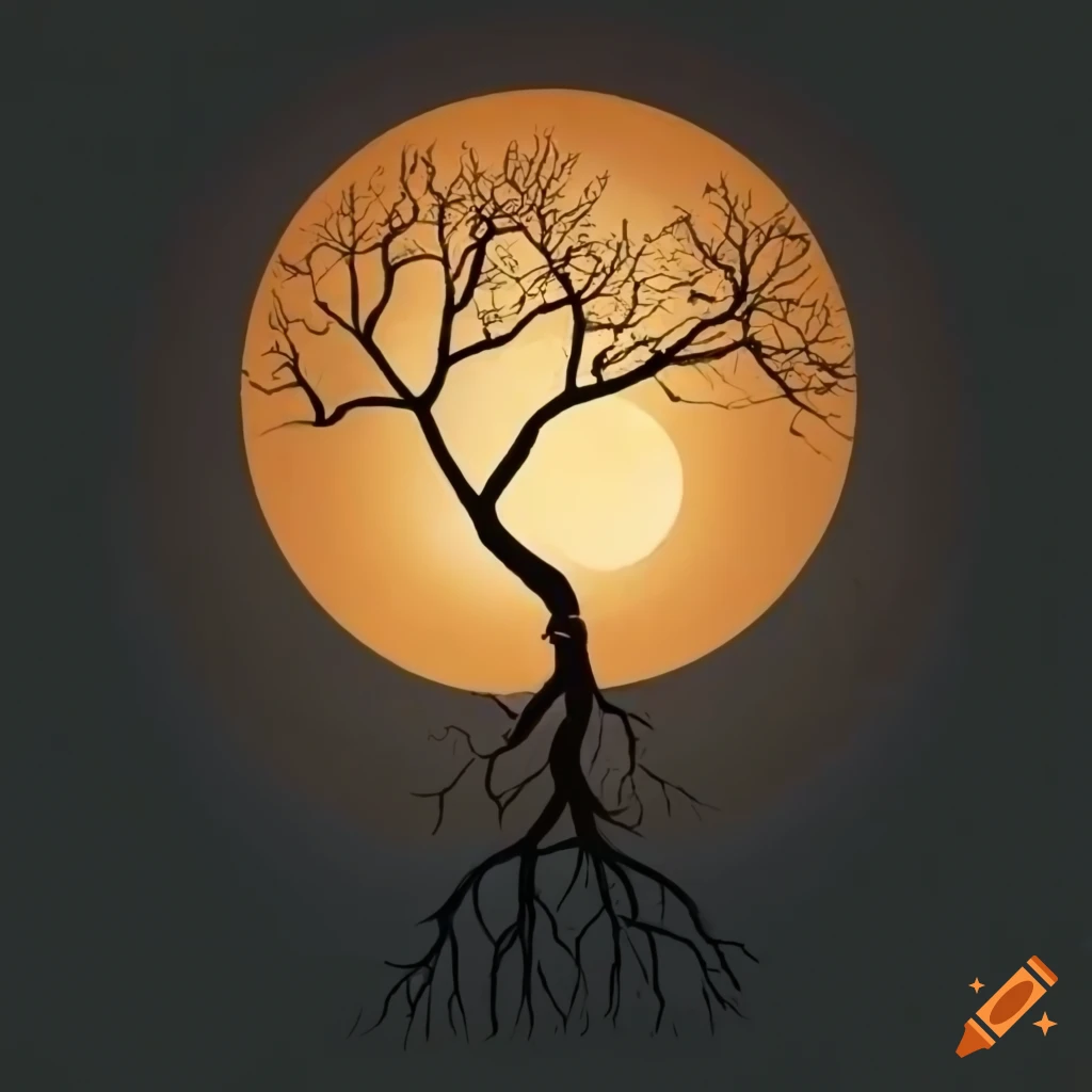 Simple silhouette of a tree and roots with the moon behind