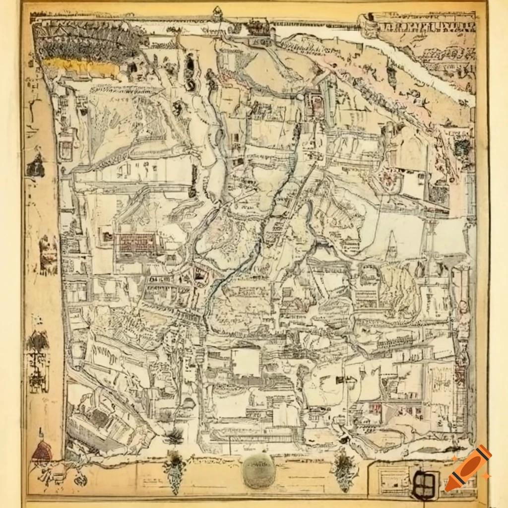 Old map of the streets of a small town upper view