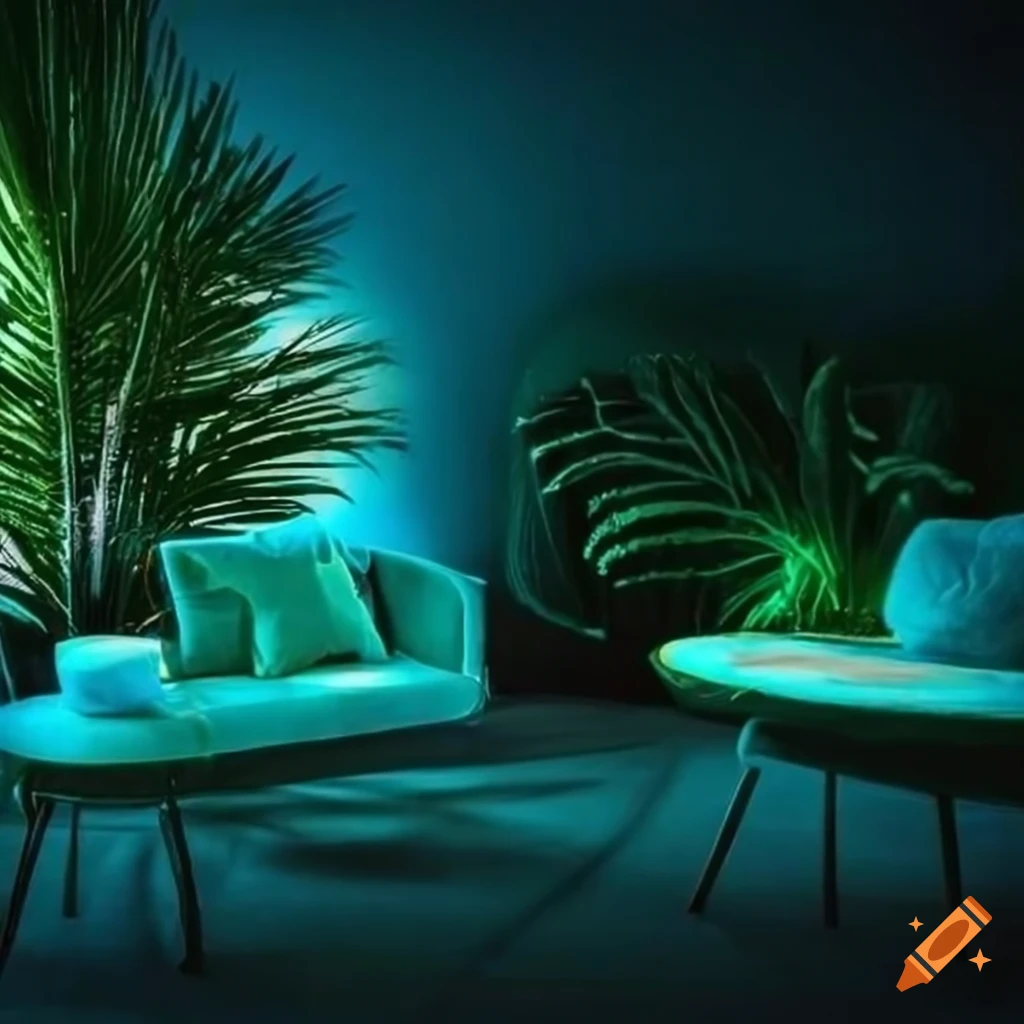 Vibrant neon-lit couch surrounded by lush plants and plush backdrop