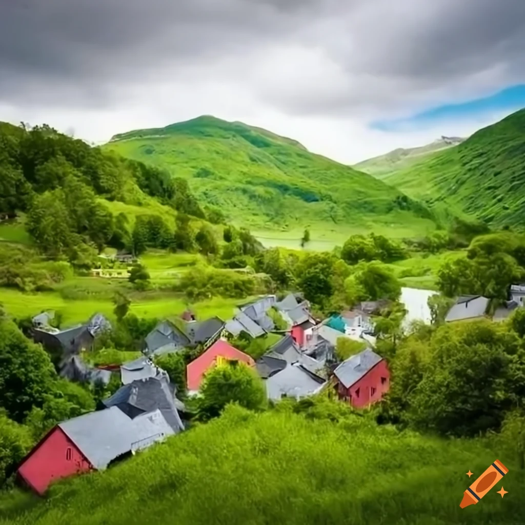 A picturesque village nestled in a lush green valley, with colorful ...