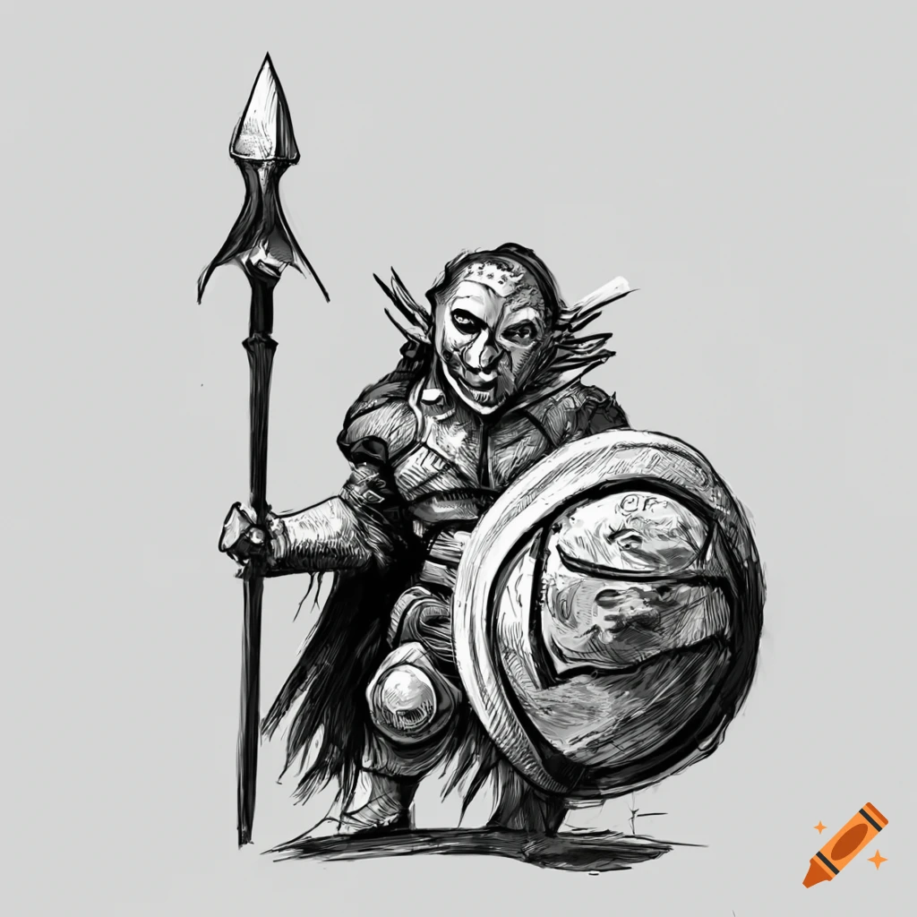 Illustration of a fierce goblin paladin with spear and shield