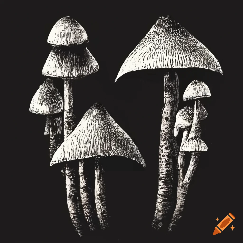 Ink cap mushrooms black inky drops vintage illustrations with white ...