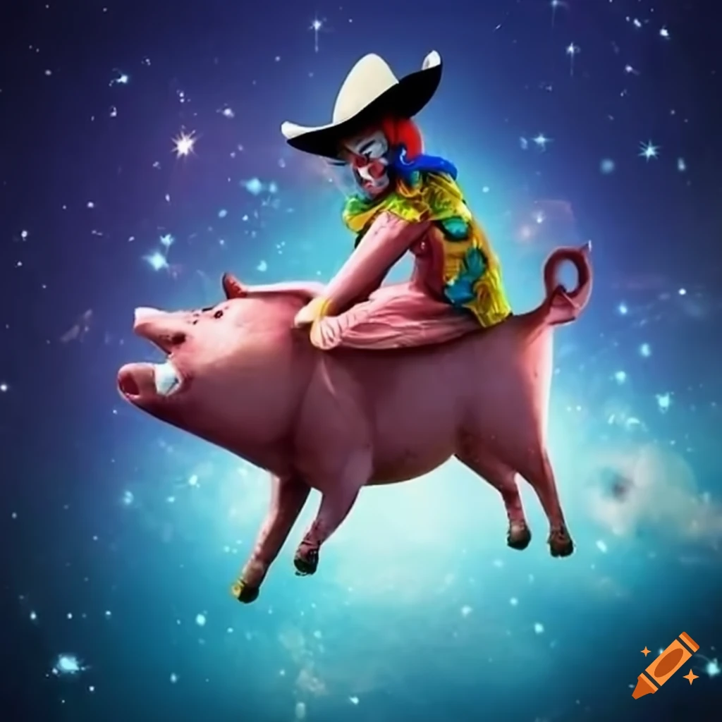 Rodeo clowns riding flying pig with wings in space