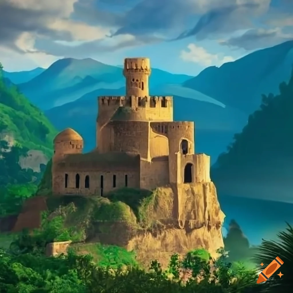 Small medieval arabic fortress, on a cliff over a river, near a small ...