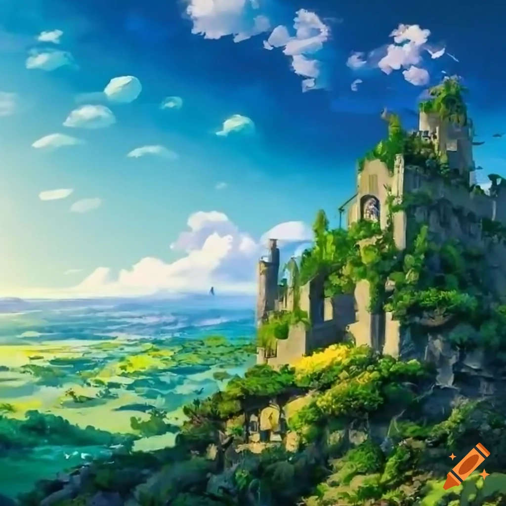 Overgrown Castle ruins in sunshine, anime background artwork in the ...