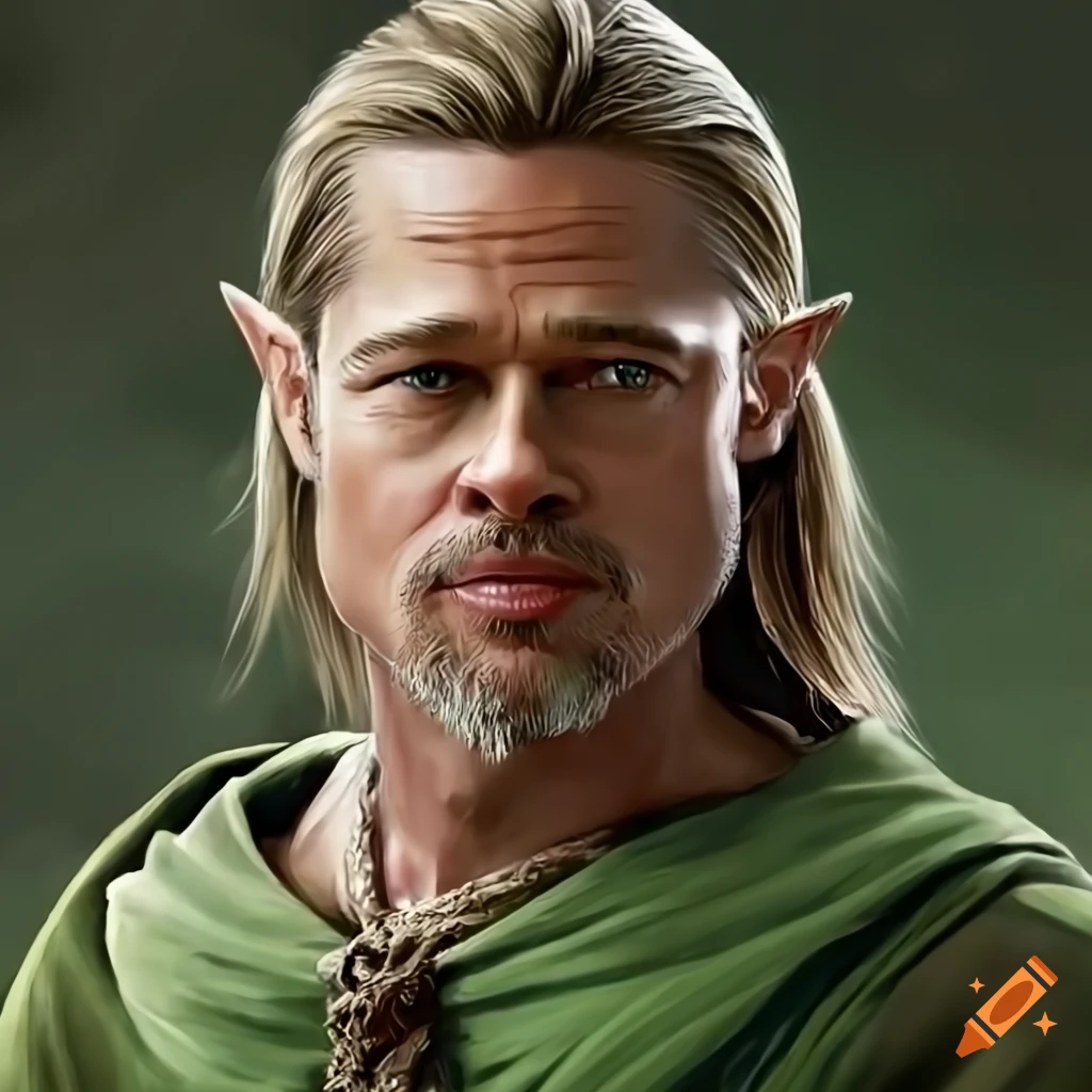 Brad pitt as an elf, half body, medieval fantasy, with a lute, dressed ...