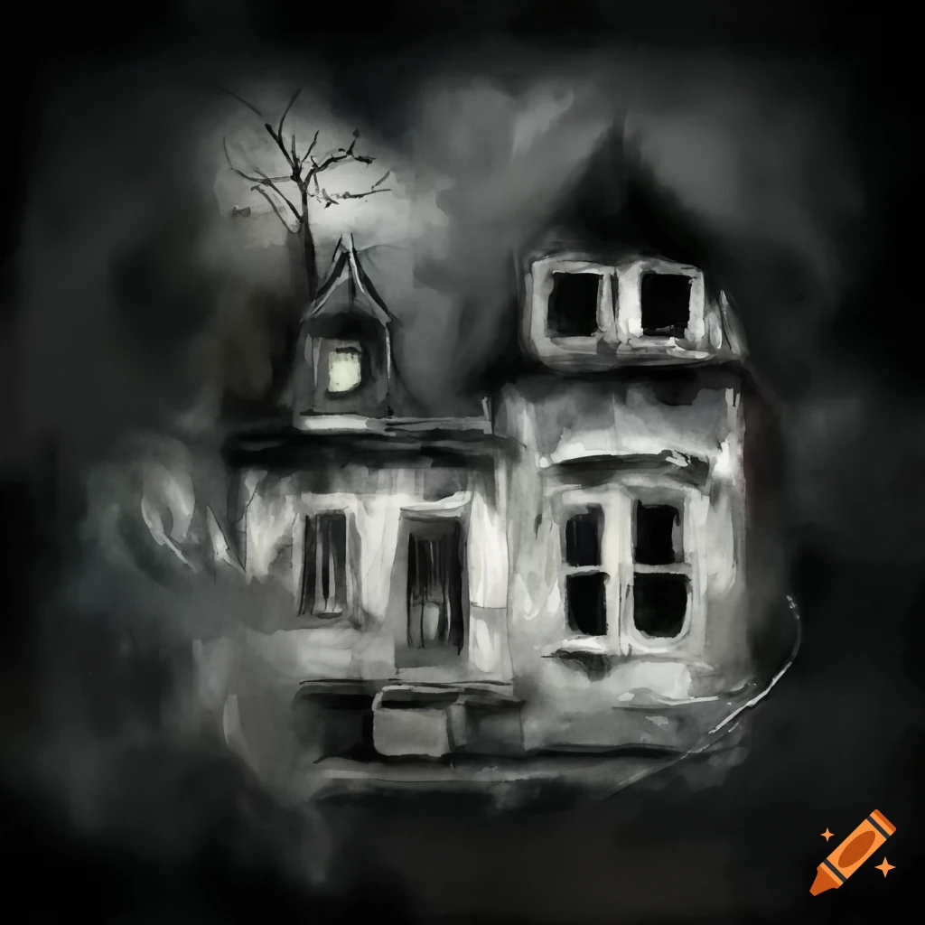 Black and white watercolor haunted house
