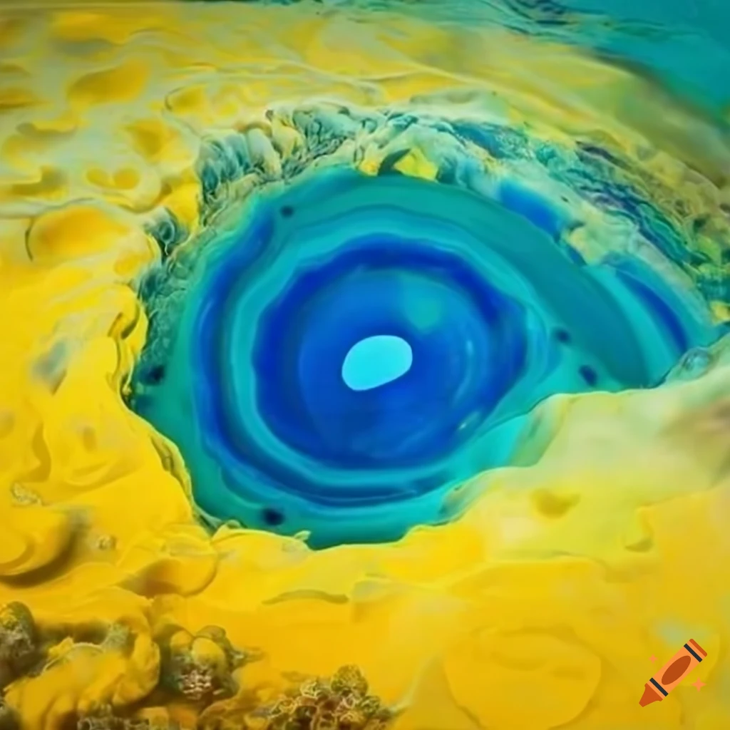 Concept art of a vibrant yellow sulfur ocean with blue concentric rings ...