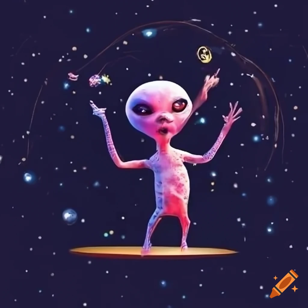 A playful dog and a friendly alien dancing in a space