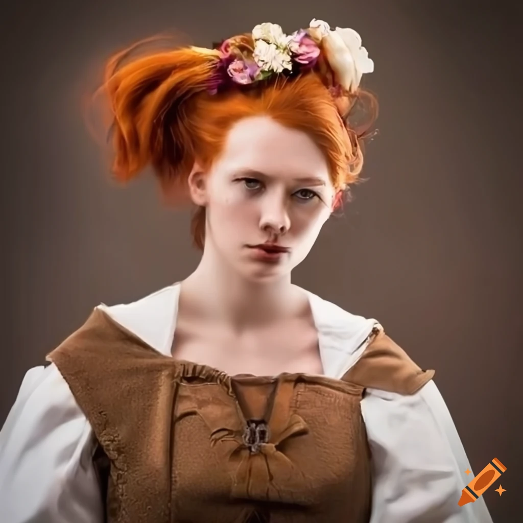 Queer tomboyish redhead medieval waitress with sidecut, with flower ...